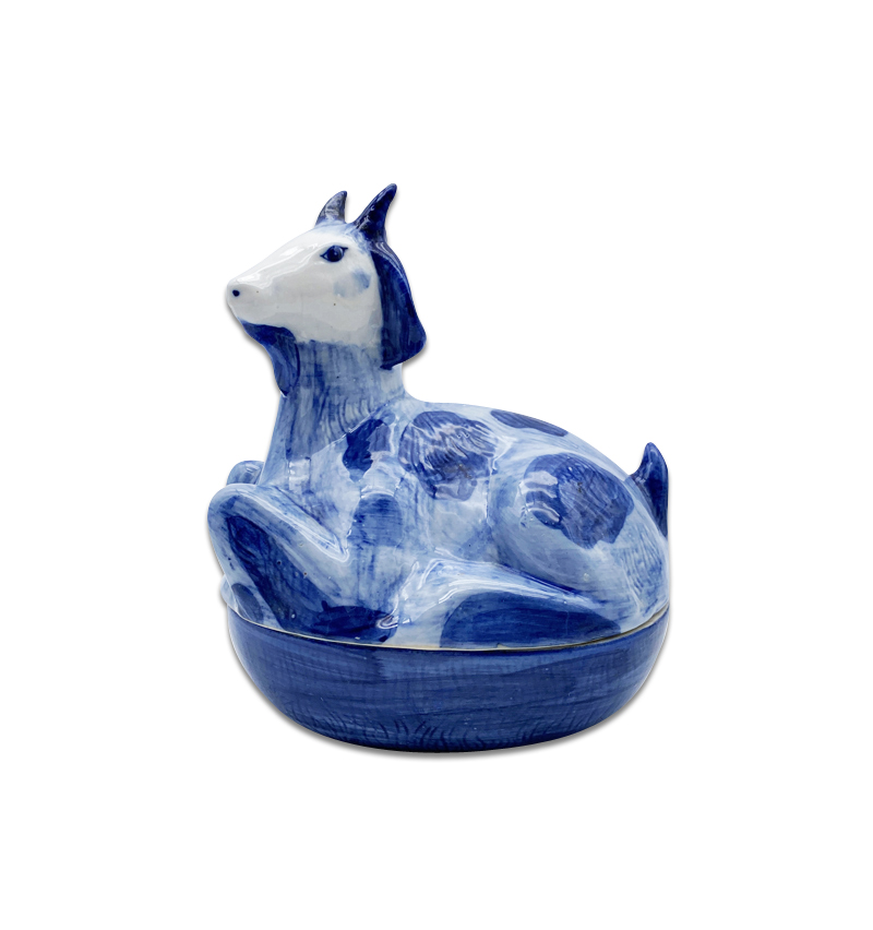 Blue And White Ceramic Bowl With Lid In The Form Of A Goat – Wearenotashop